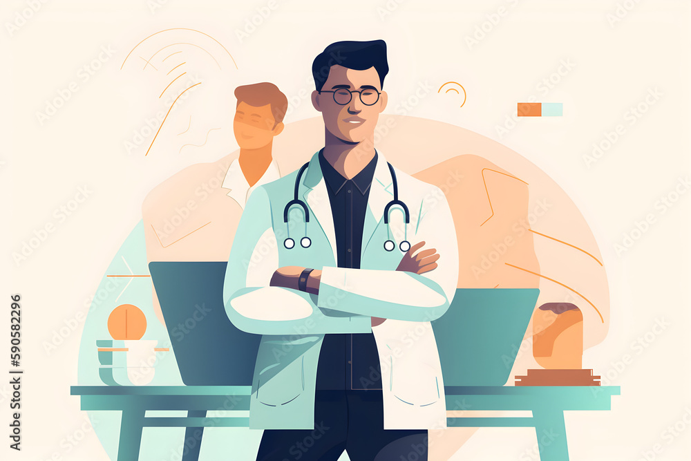 Flat vector illustration Portrait, asian man and doctor arms crossed ...