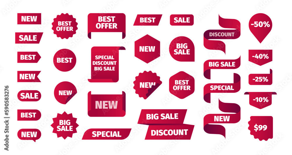 Red sale stickers. Discount label badges with ribbon, classic price off ...