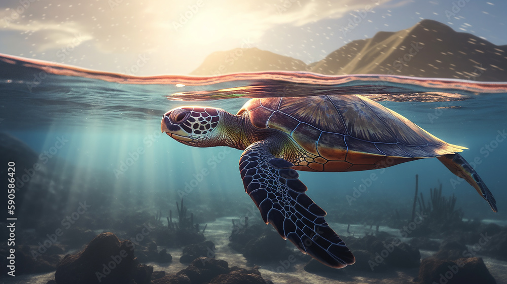aquatic animal sea turtle swimming near the water surface, habitat ...
