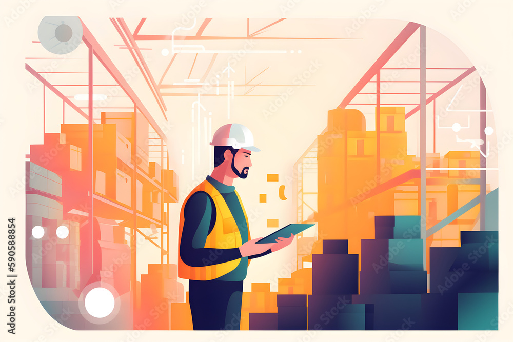 Flat vector illustration Warehouse worker checking items in warehouse ...