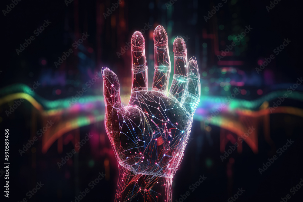 Digital hand hologram on dark background with copy space. Neural ...