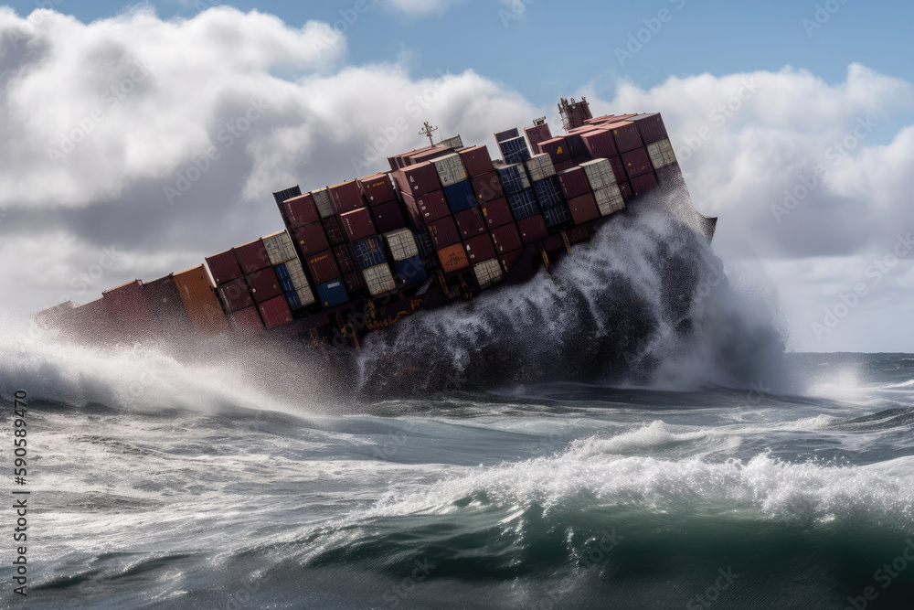 Cargo ship with containers on board in stormy sea. Strong waves damaged ...