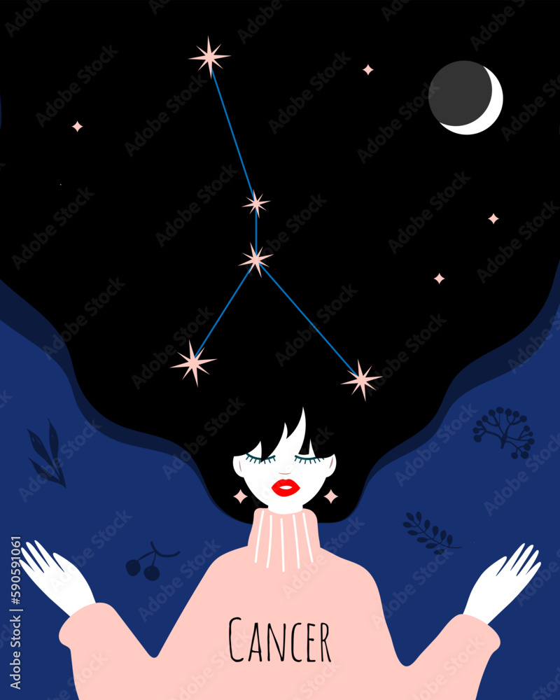 Cancer zodiacal constellation with bright stars in girl hair. Cancer ...