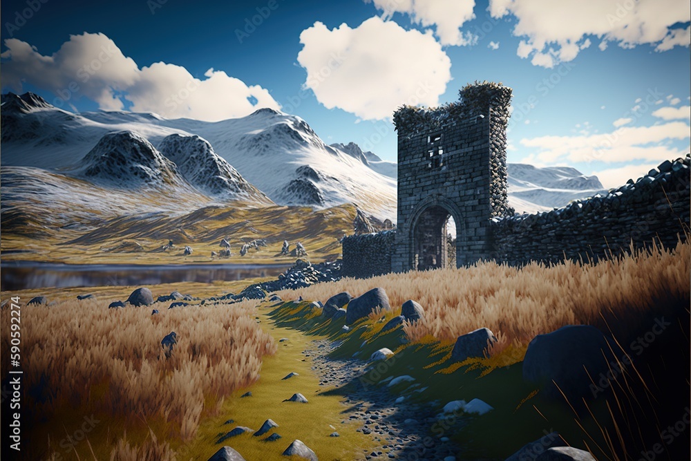 An ancient fortified stonewall with a gate that runs across the ...