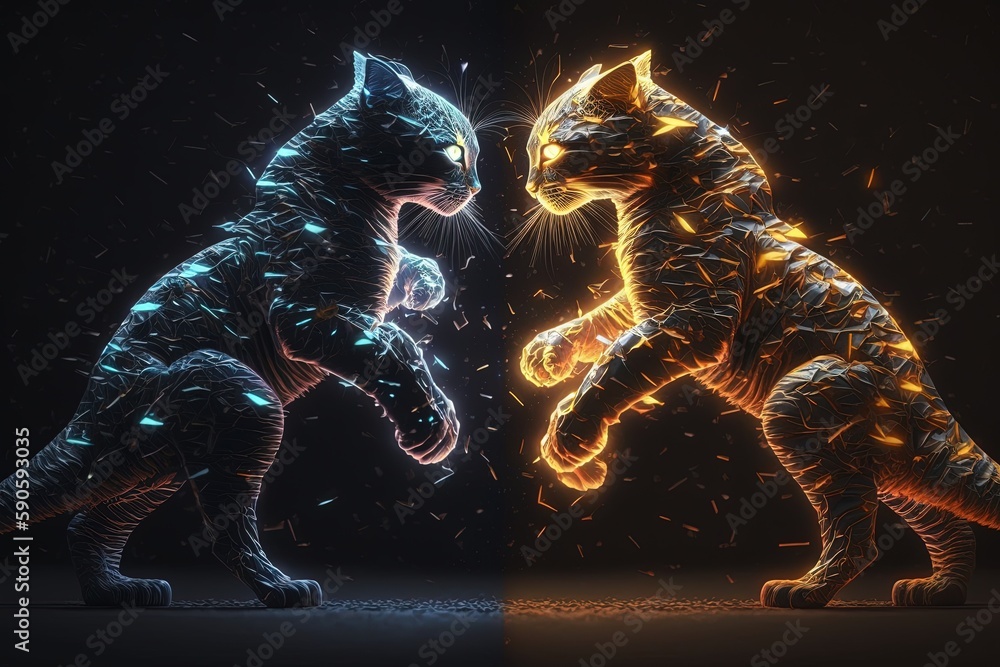Two fierce cats fighting, catjitsu, supernova background, aura ...