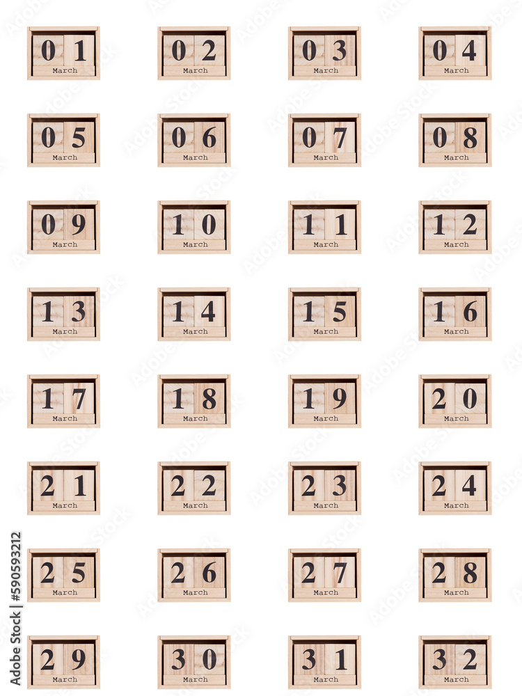 Wooden calendar, set of dates for the month of March 01-32, png on a ...
