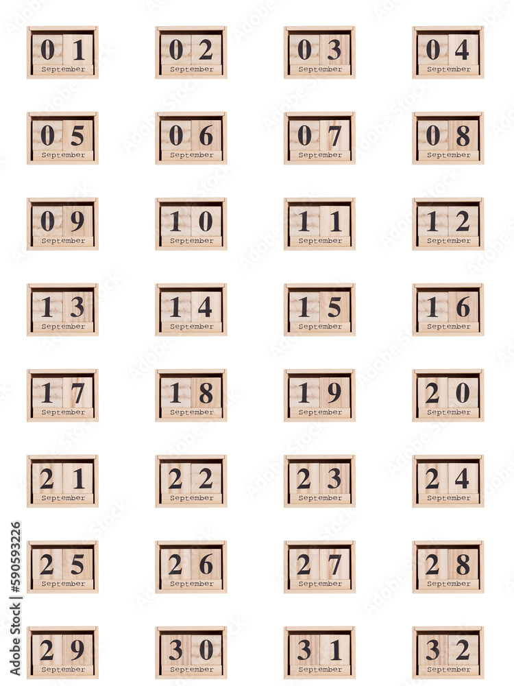 Wooden calendar, set of dates for the month of September 01-32, png on ...