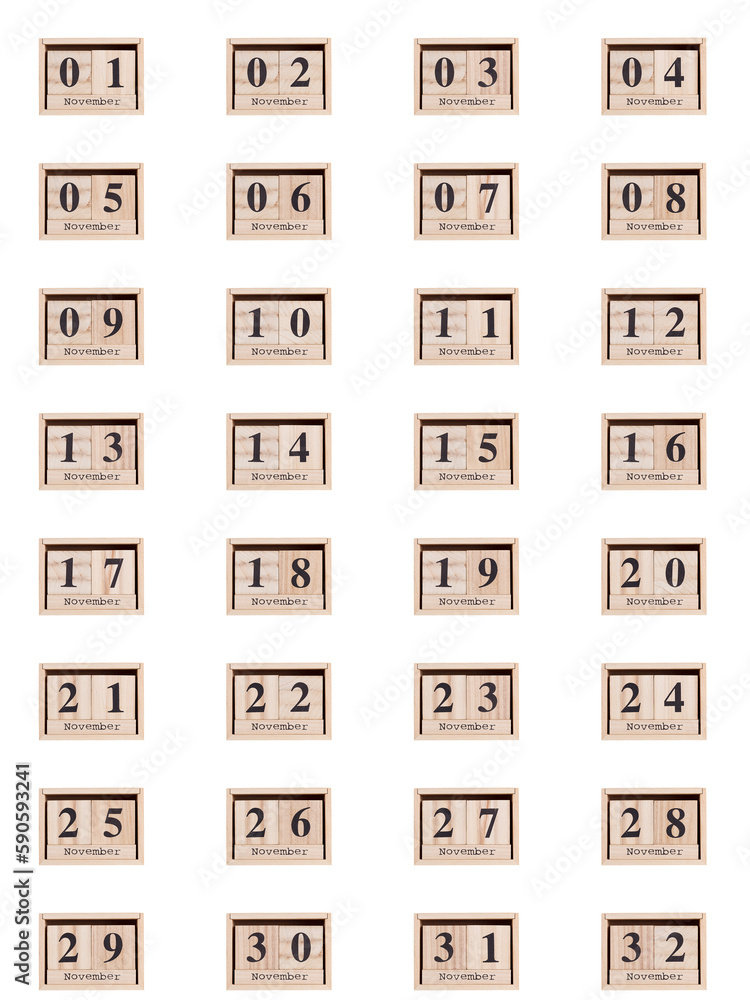 Wooden calendar, set of dates for the month of November 01-32, png on a ...
