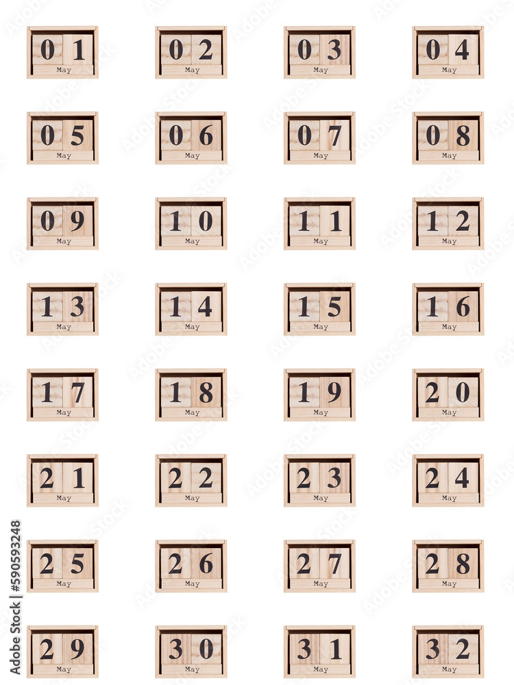 Wooden calendar, set of dates for the month of May 01-32, png on a ...
