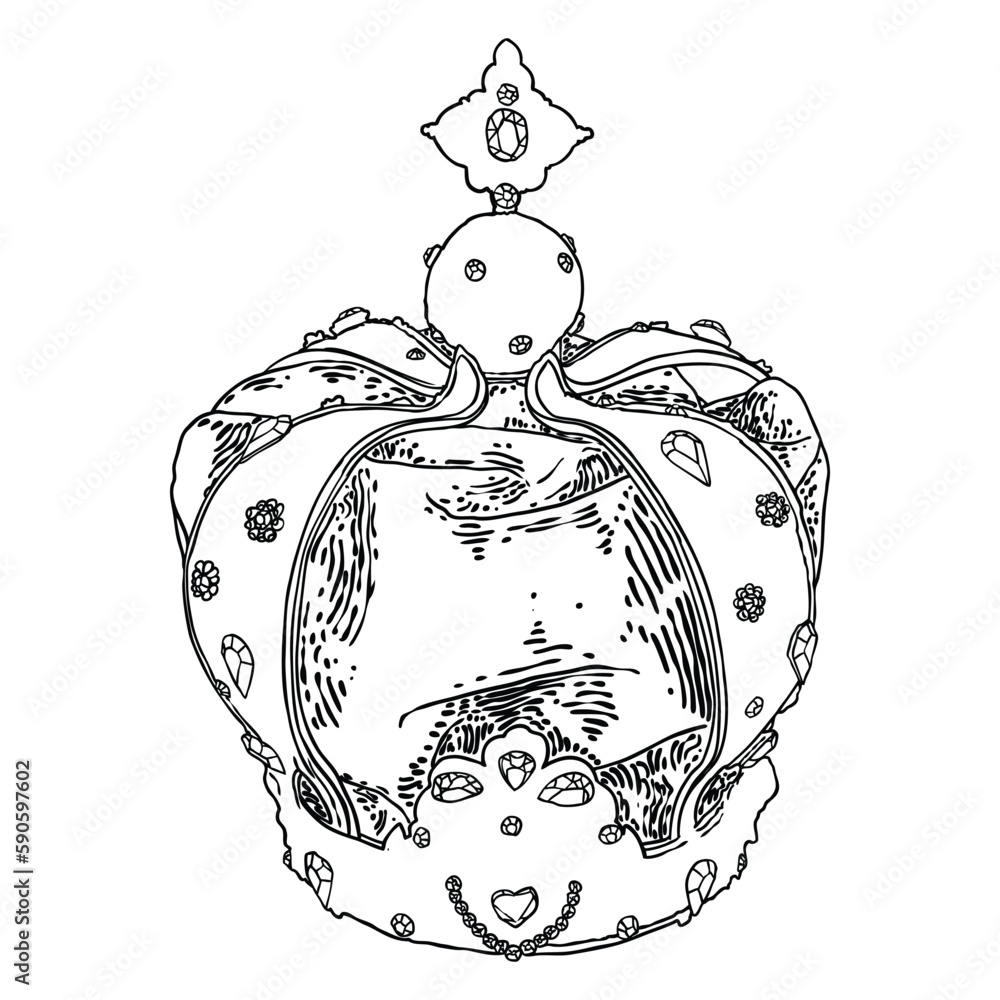 Etching drawing of crown with jewels. King coronation coronet. Hand ...