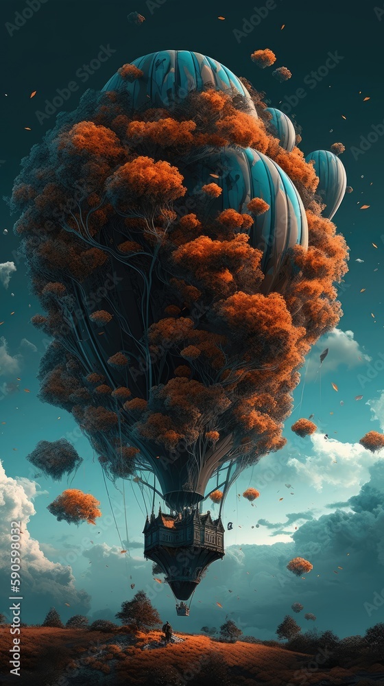 Enigmatic Hot Air Balloon in Autumn Forest, Fantasy Art in the style of ...