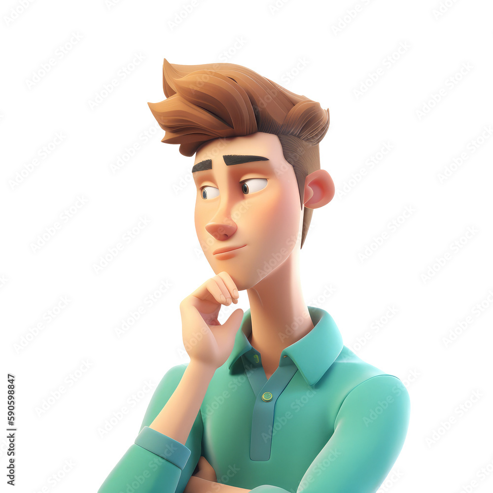 3D icon avatar cartoon hipster character, stylish pensive man with ...