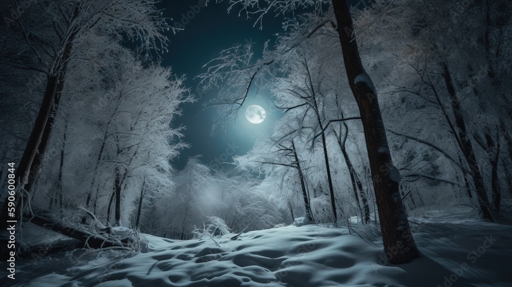 a full moon is seen in the sky above a snowy forest with trees and snow ...