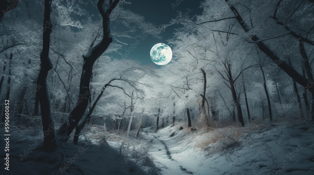 a full moon rises over a snowy forest with a path leading to a path ...