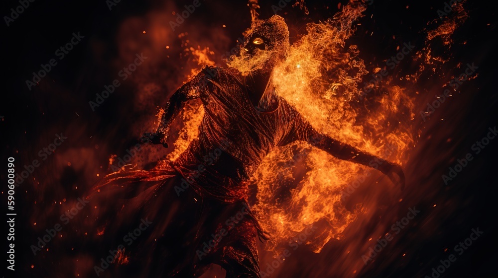 a demonic looking creature in a fire filled dark room with bright ...