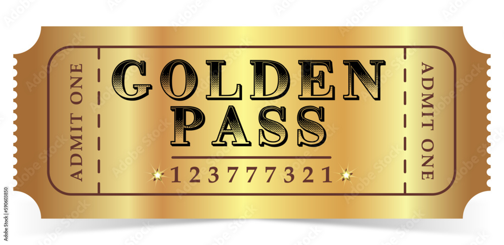 Golden pass. Vip retro ticket. Golden ticket. Template entrance ticket ...