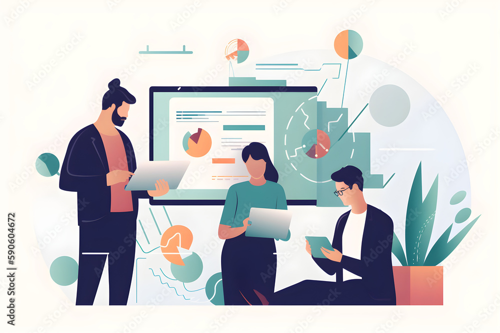 Flat vector illustration Three departments and one goal. Photo of a ...