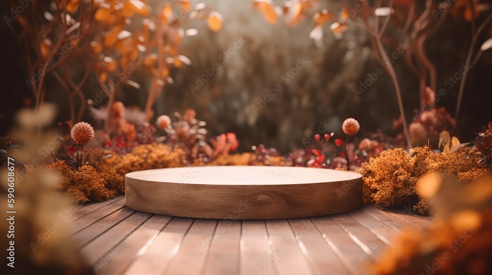 Autumn scene with minimal wooden product podium display, circular dais ...