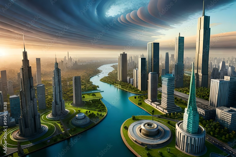 Future city made from bright concrete and steel, metropolis, brutalist ...