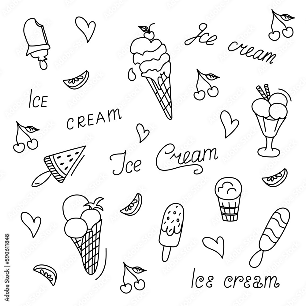 Ice Cream Doodle Set Hand Drawn Different Types Of Ice Creams Line