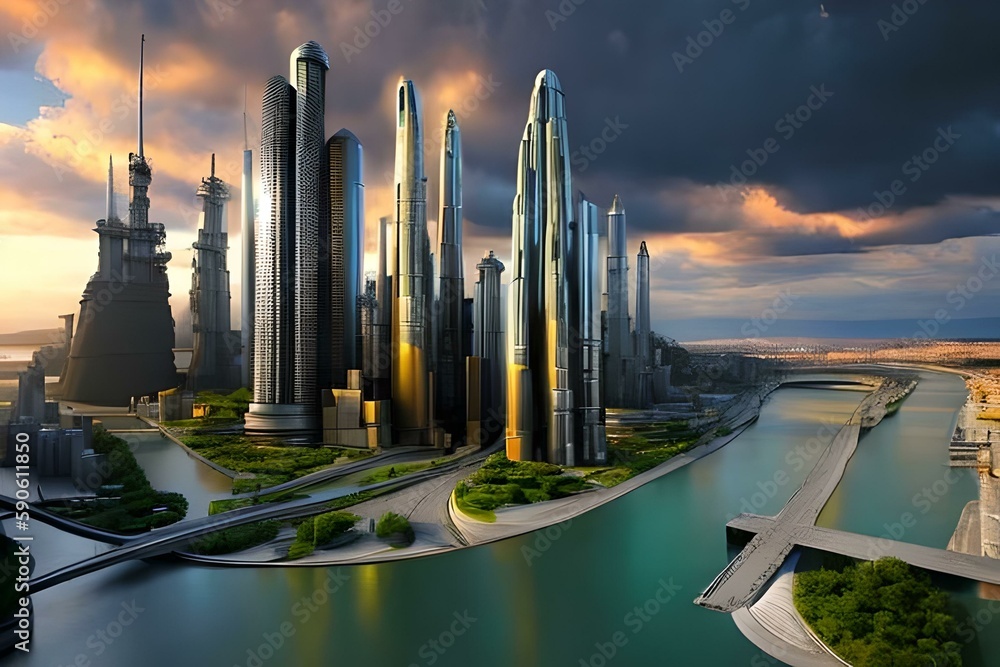 Future city made from bright concrete and steel, metropolis, brutalist ...
