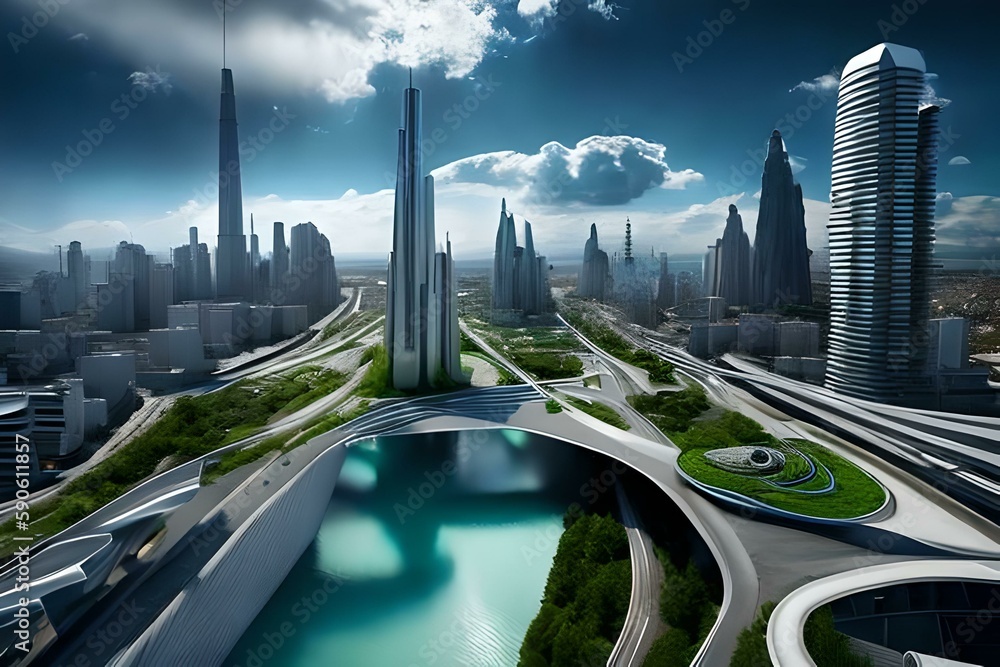 Future city made from bright concrete and steel, metropolis, brutalist ...