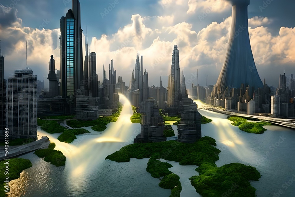 Future city made from bright concrete and steel, metropolis, brutalist ...