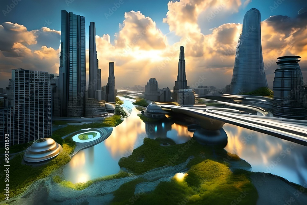Future city made from bright concrete and steel, metropolis, brutalist ...