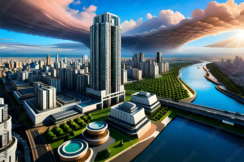 Future city made from bright concrete and steel, metropolis, brutalist ...