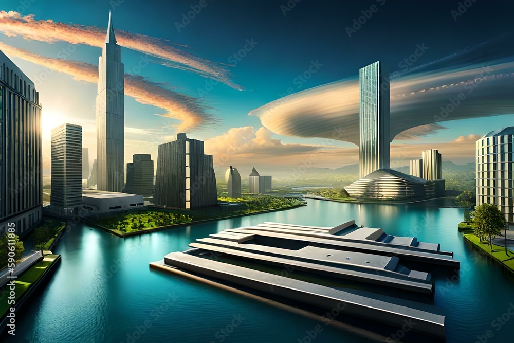 Future city made from bright concrete and steel, metropolis, brutalist ...