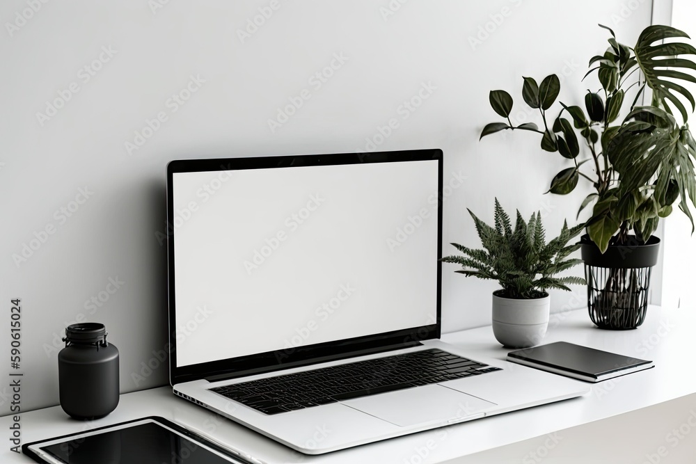At home, a minimalist workstation with a mock-up laptop computer and a blank screen is shown ...