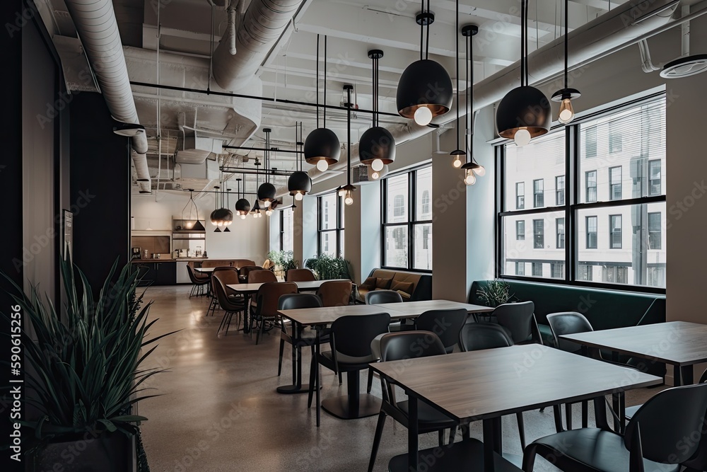 trendy co-working space with an industrial-chic design, communal ...