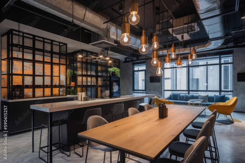 trendy co-working space with an industrial-chic design, communal ...