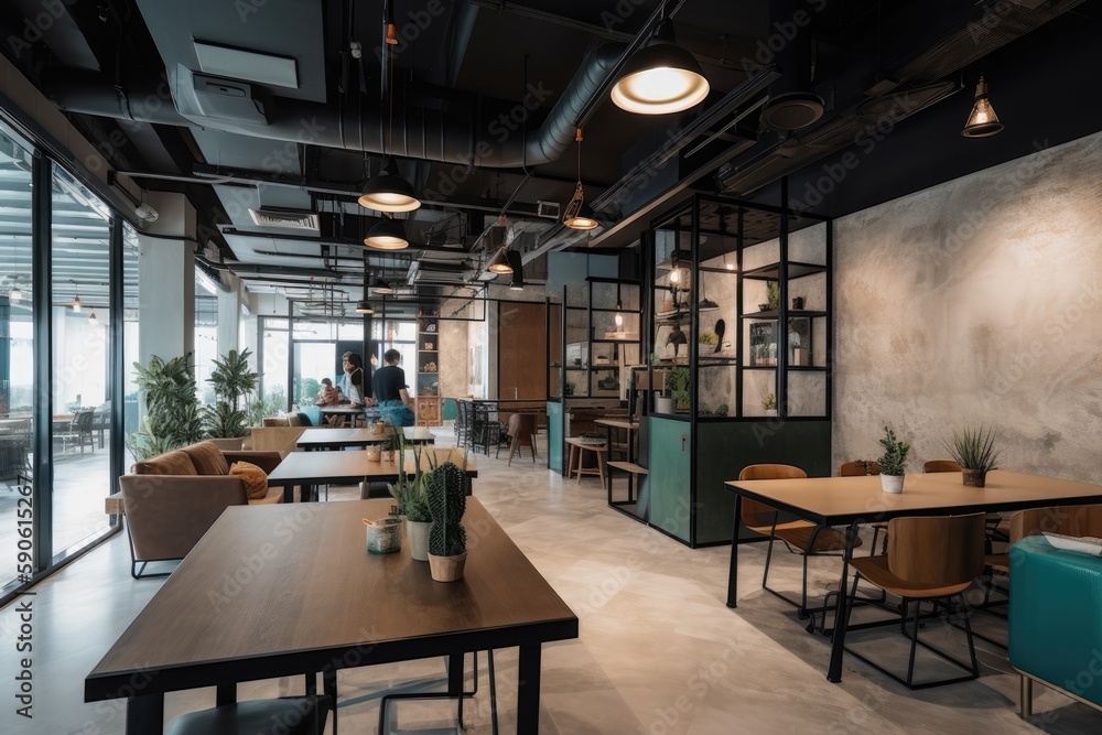 trendy co-working space with an industrial-chic design, communal ...