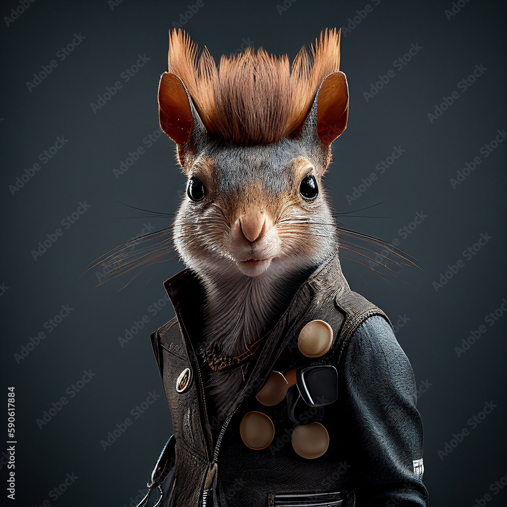 Realistic lifelike squirrel in punk rock aggressive rocker outfits ...