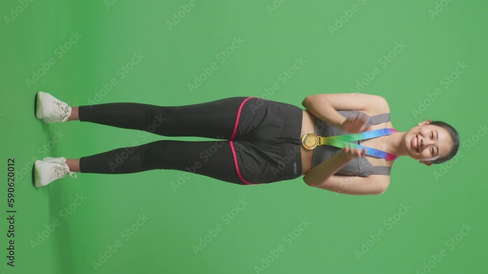 Full Body Of Asian Woman Wearing A Gold Medal And Clapping Hands Being ...