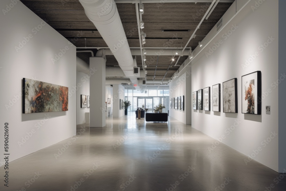 contemporary art gallery with minimalist white walls, track lighting ...