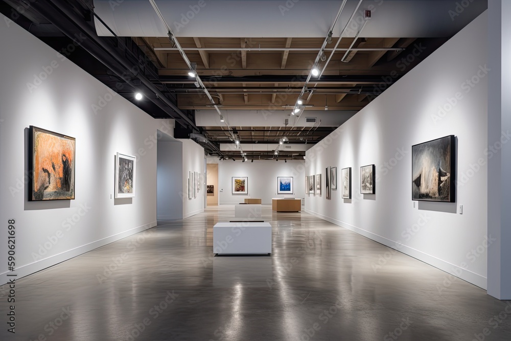 contemporary art gallery with minimalist white walls, track lighting ...