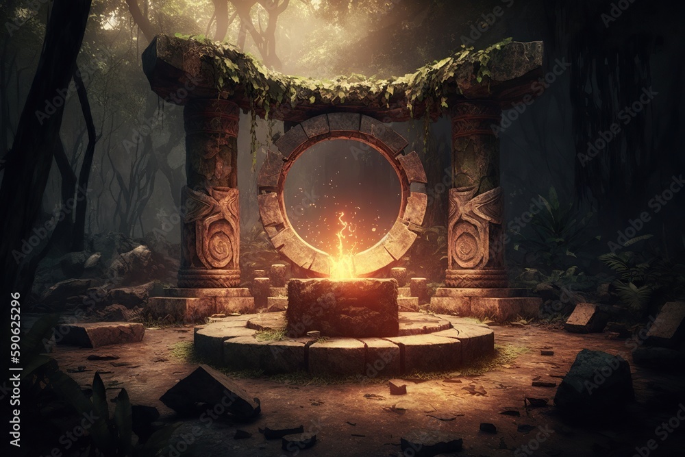Ancient circle stone altar with fire. Ai Stock Illustration | Adobe Stock
