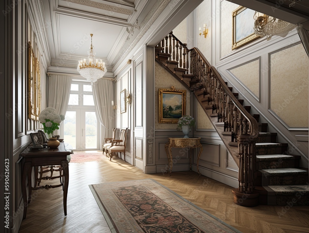 Luxury classic interior of a hall in a mansion with dark wooden stairs ...