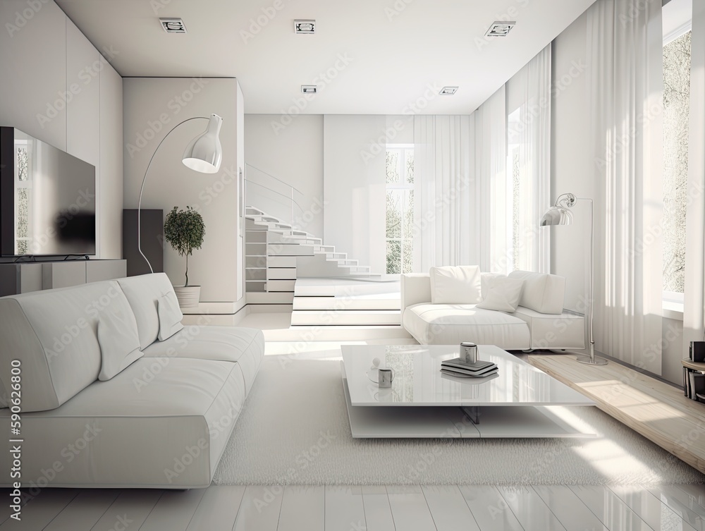 Modern minimalist white living room interior design with white sofa ...