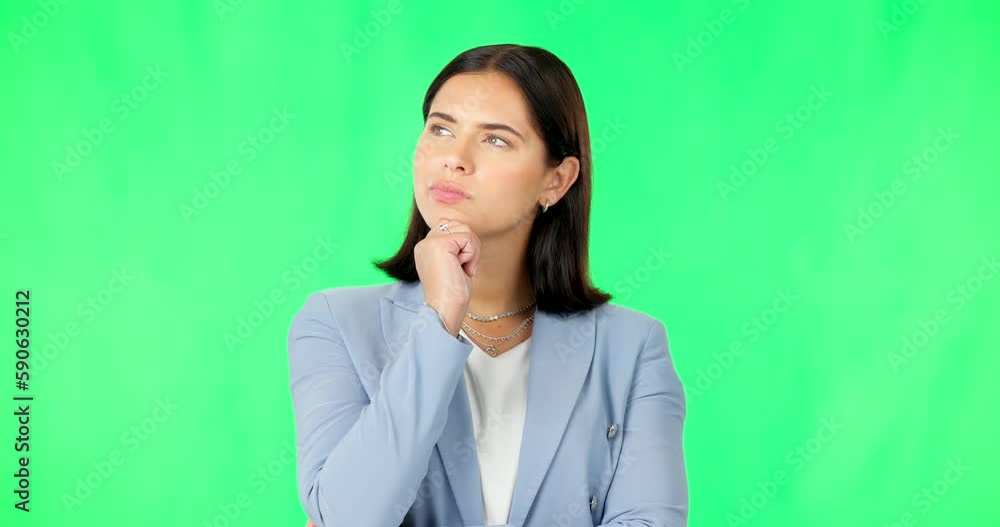 Thinking, business and woman on green screen for ideas, questions and ...