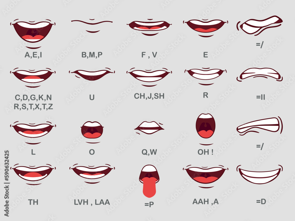 Lip sync character mouth animation.Mouth animation set. Lip sync, speaking mouth of cartoon ...