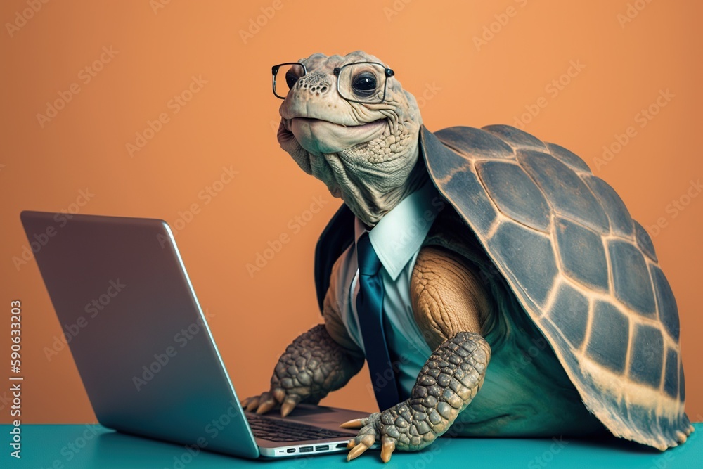 a happy turtle in a business suit with a laptop created with Generative ...