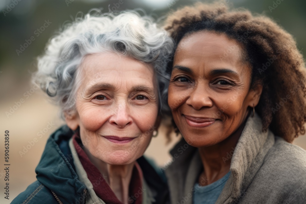 Senior Lesbians Embracing Together In A Park Generative Ai Stock