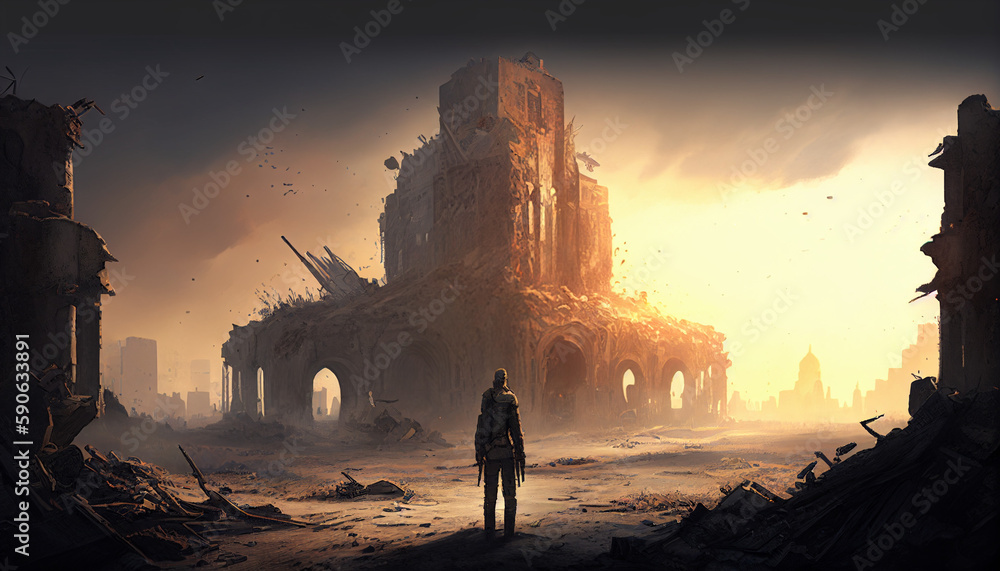 Post-apocalyptic/End-of-the-world dystopia image. Posterior view of ...
