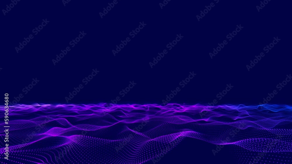 Blue sea digital background with moving waves made of shining particles ...
