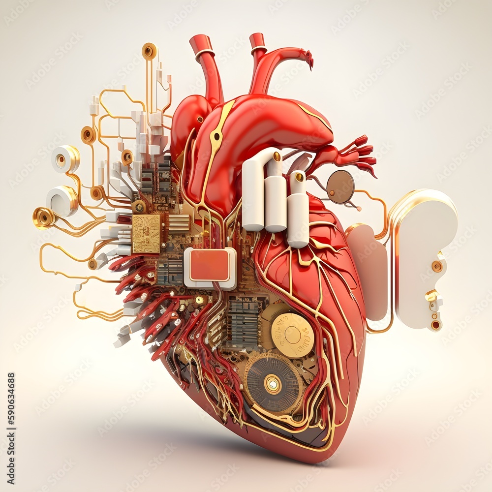3D render of a high quality bionic heart. A heart made up of technology ...
