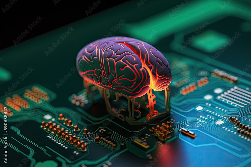 Human brain on a printed circuit board - AI Generated Stock ...
