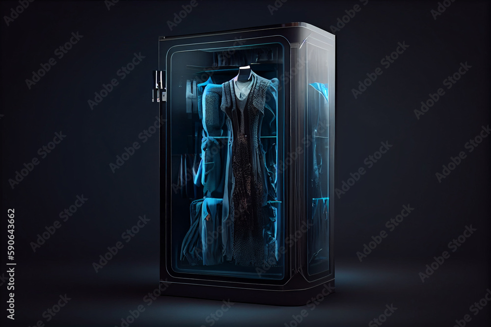 Modern wardrobe with neon illumination concept. Futuristic digital ...